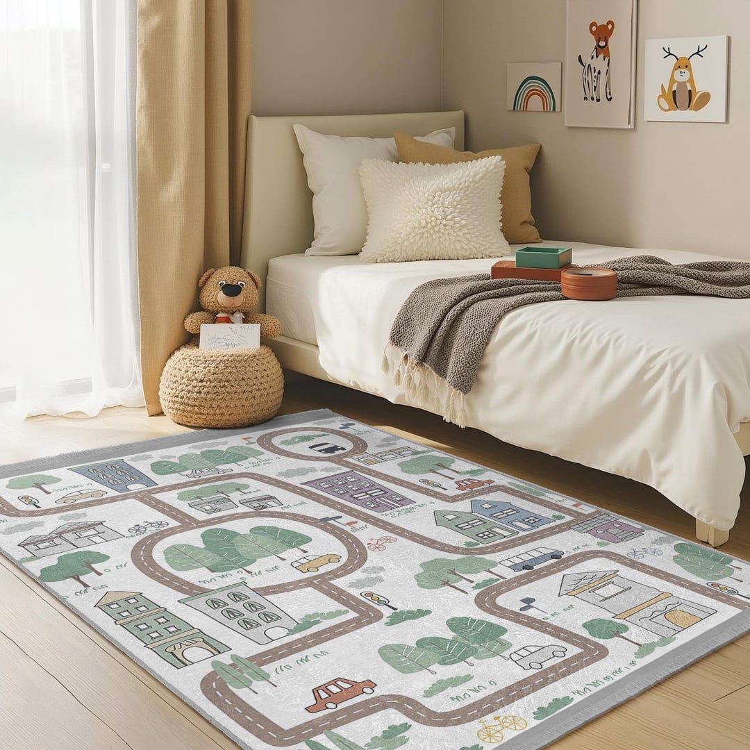 City Street Map Kids Room Rug-vintage Road Car Track Nursery Carpet ...