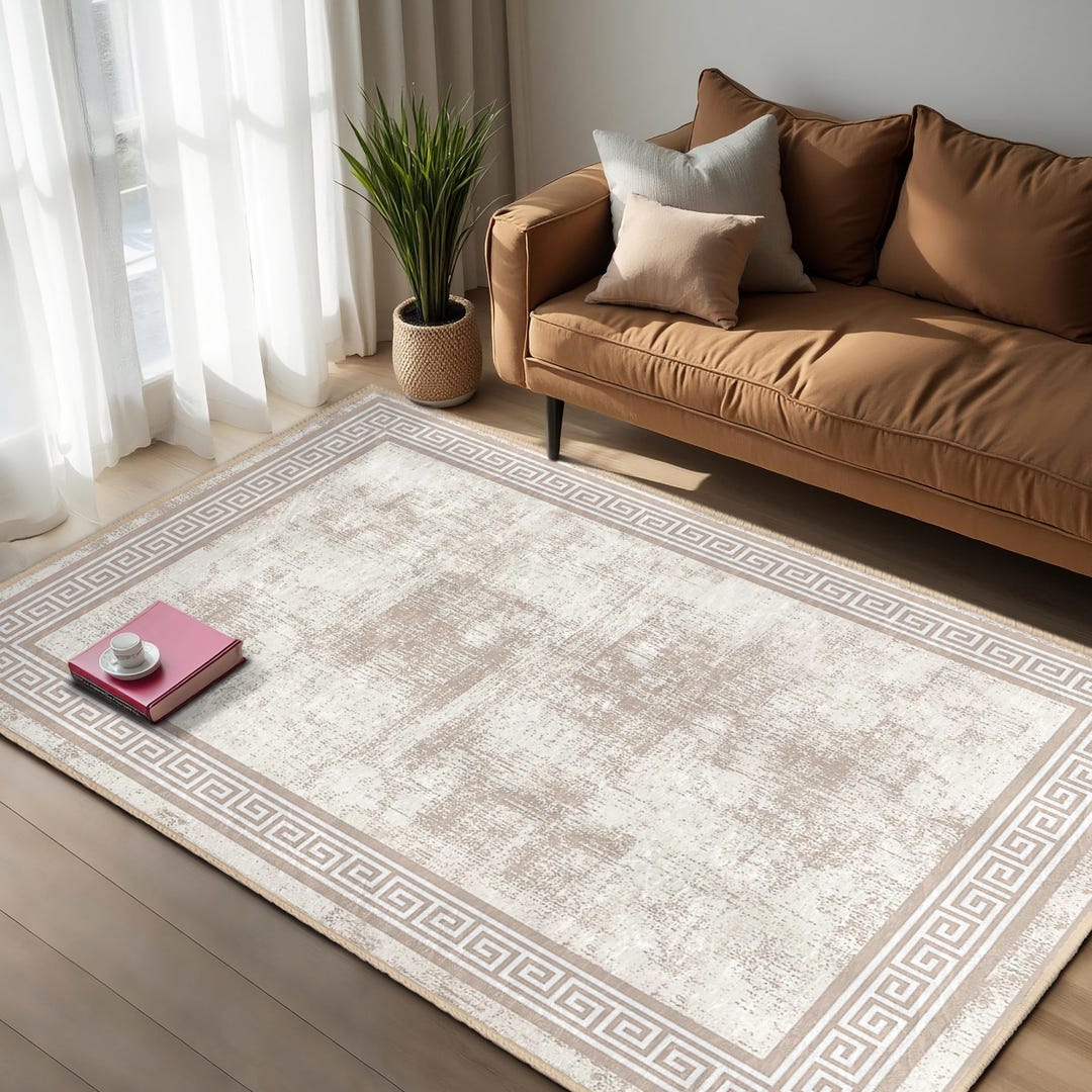 Antique Greek Border Area Rug-taupe Hellenic Key Carpet-modern Distressed Mat-living Room Rug ...