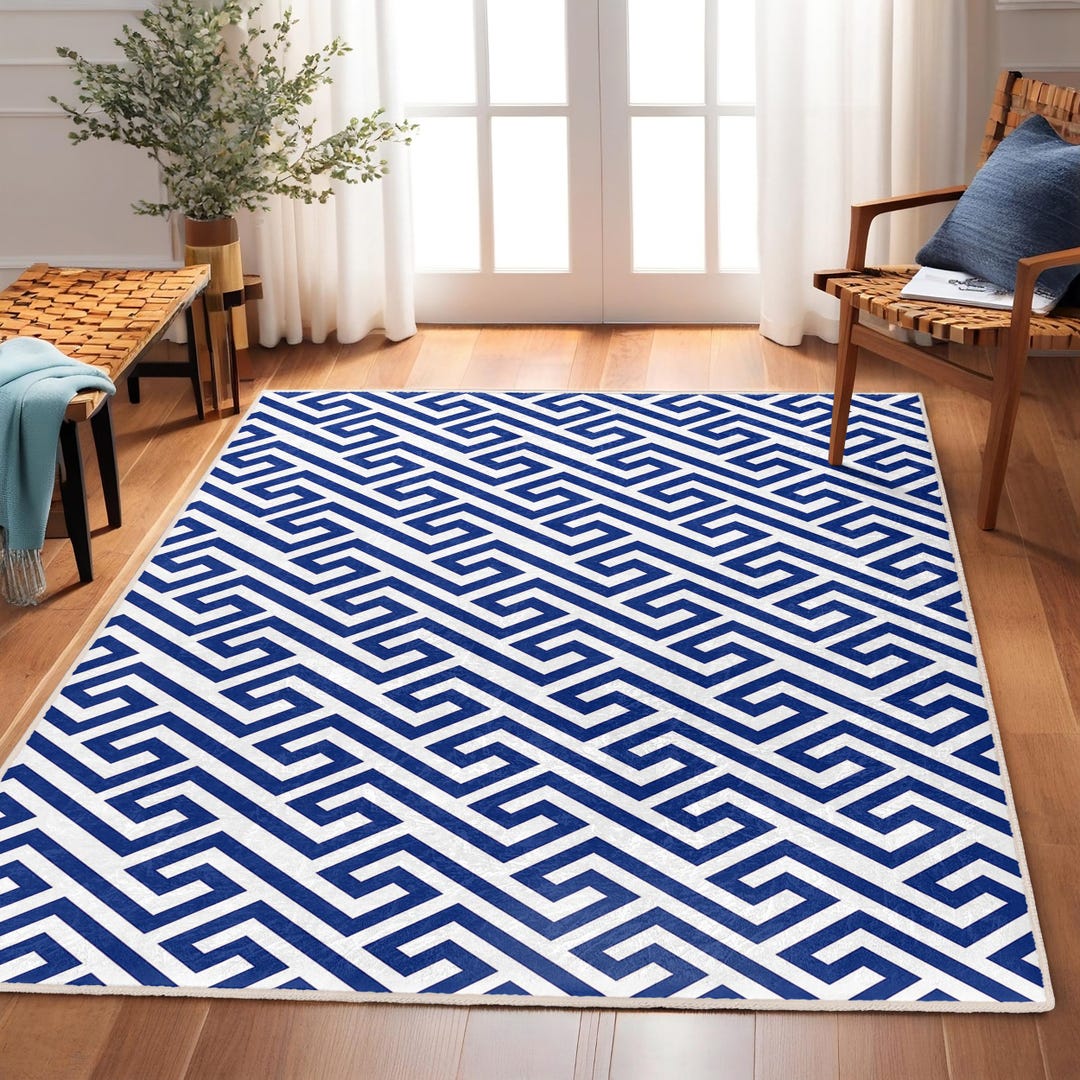 Blue Greek Key Area Rug-navy Maze Accent Carpet-geometric Anti-slip Mat ...