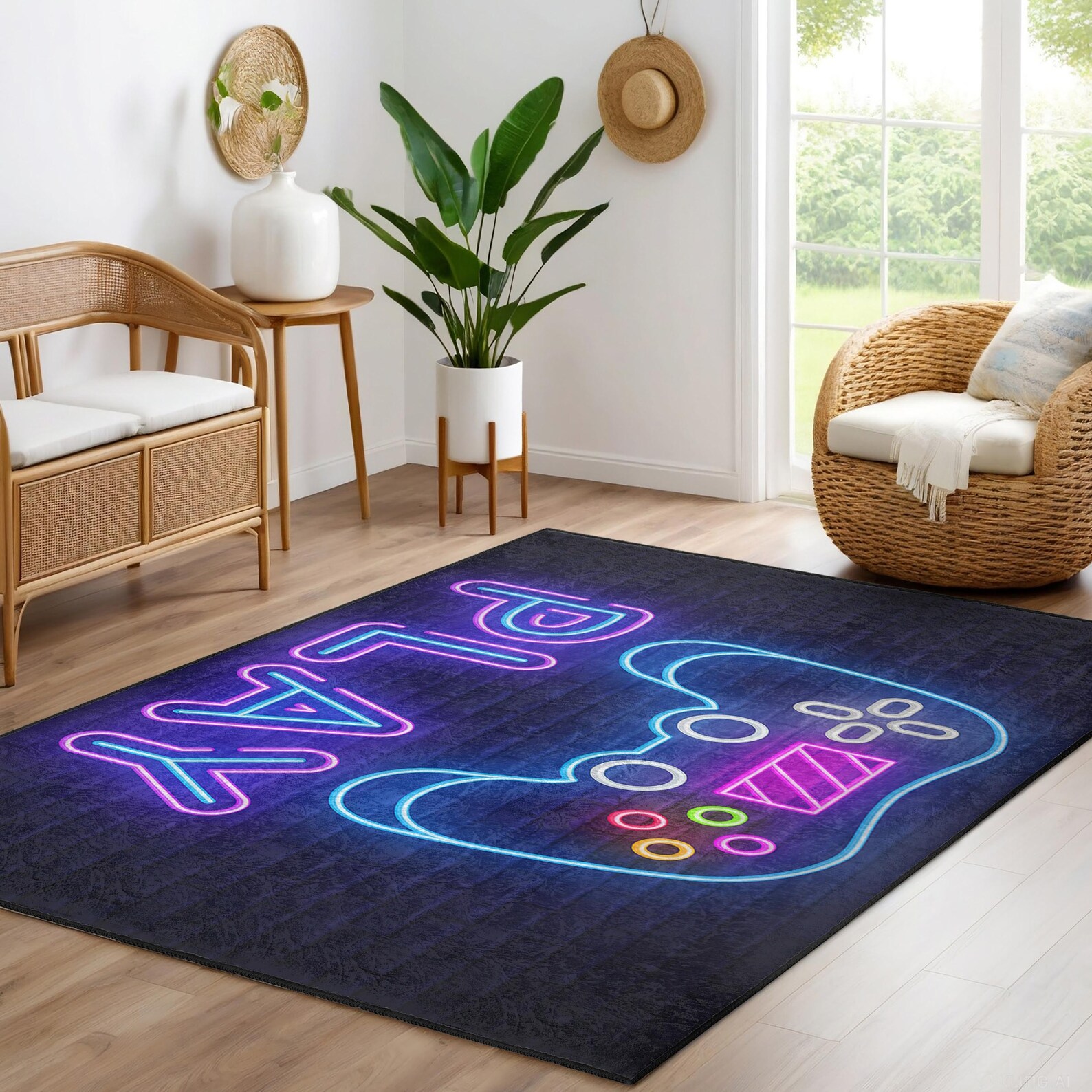 Neon Game Controller Area Rug-colorful Gaming Abstract Mat-digital Glow ...