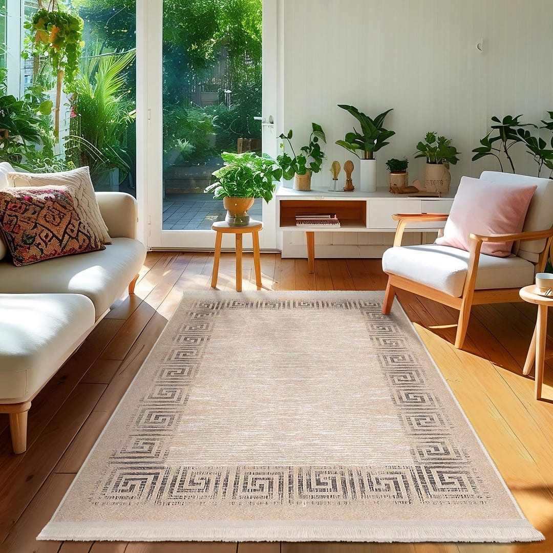 Ancient Greek Beige Area Rug-framed Meander Square Mat-soft Underfoot ...