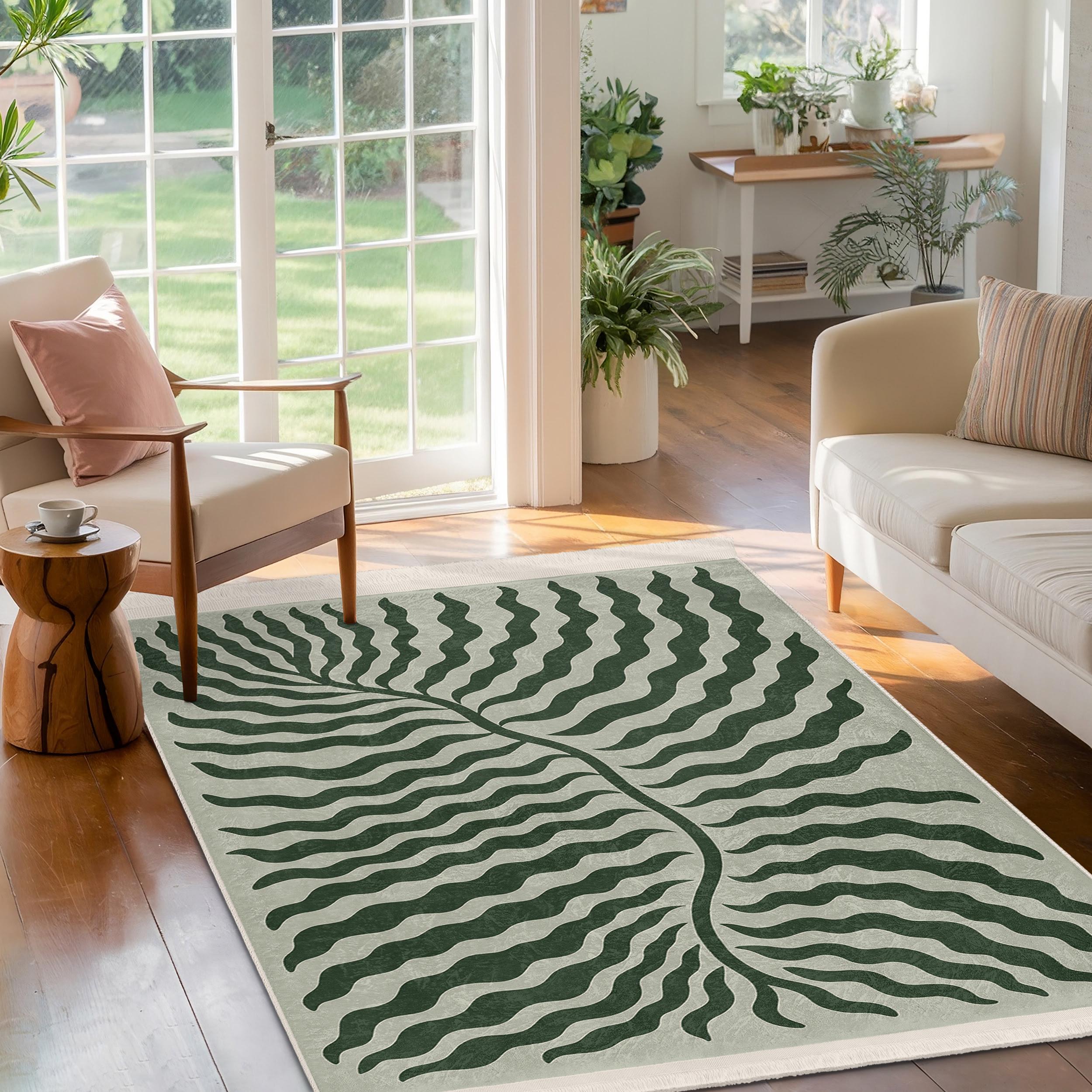 Green Wave Design Accent Rug-Zebra Leaf Pattern Carpet-Nature Inspired ...