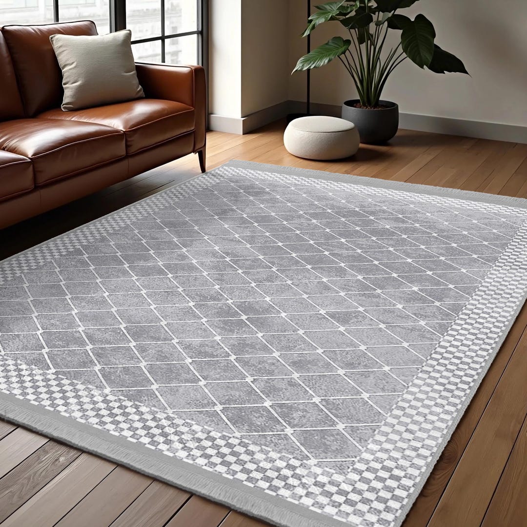 Rhombus Gray Tone Area Rug-checkered Border Pattern Mat-unique Abstract ...