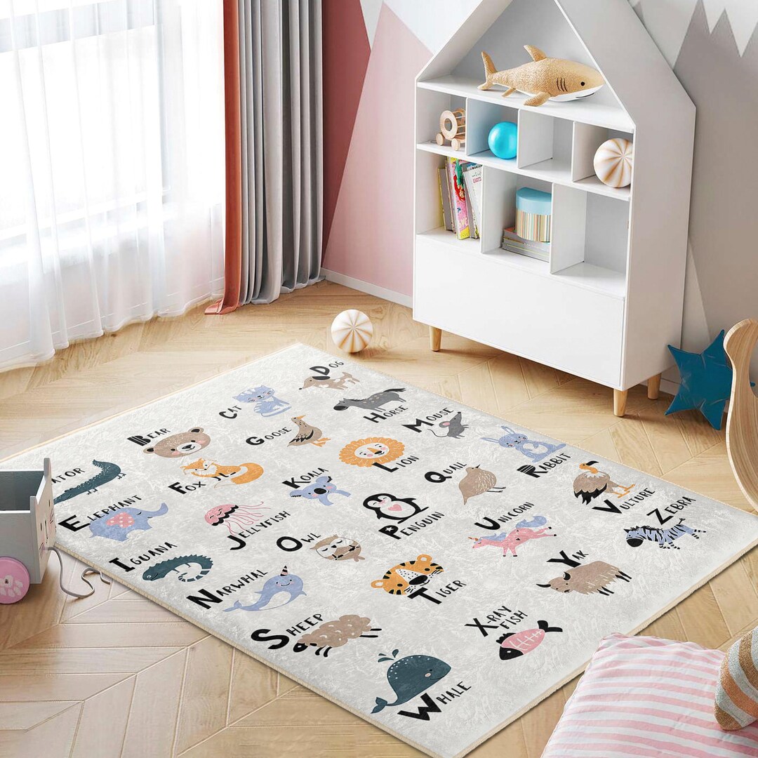 Animal Alphabet Educational Kids Room Rug-cartoon Letter Creatures ...