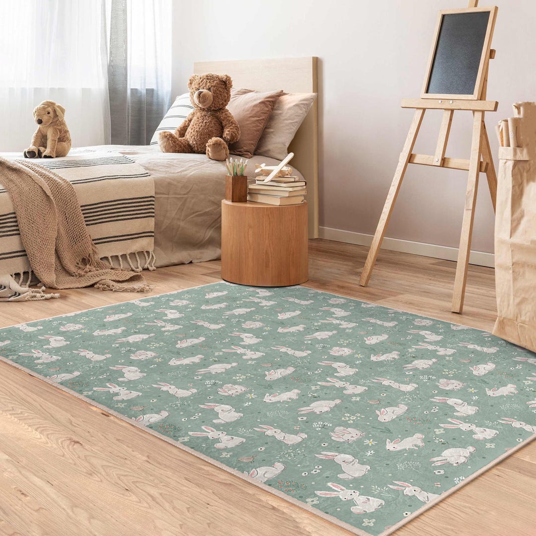 Bunny Nursery Carpet-pastel Green Rabbit Kids Room Rug-child Room Bunny ...