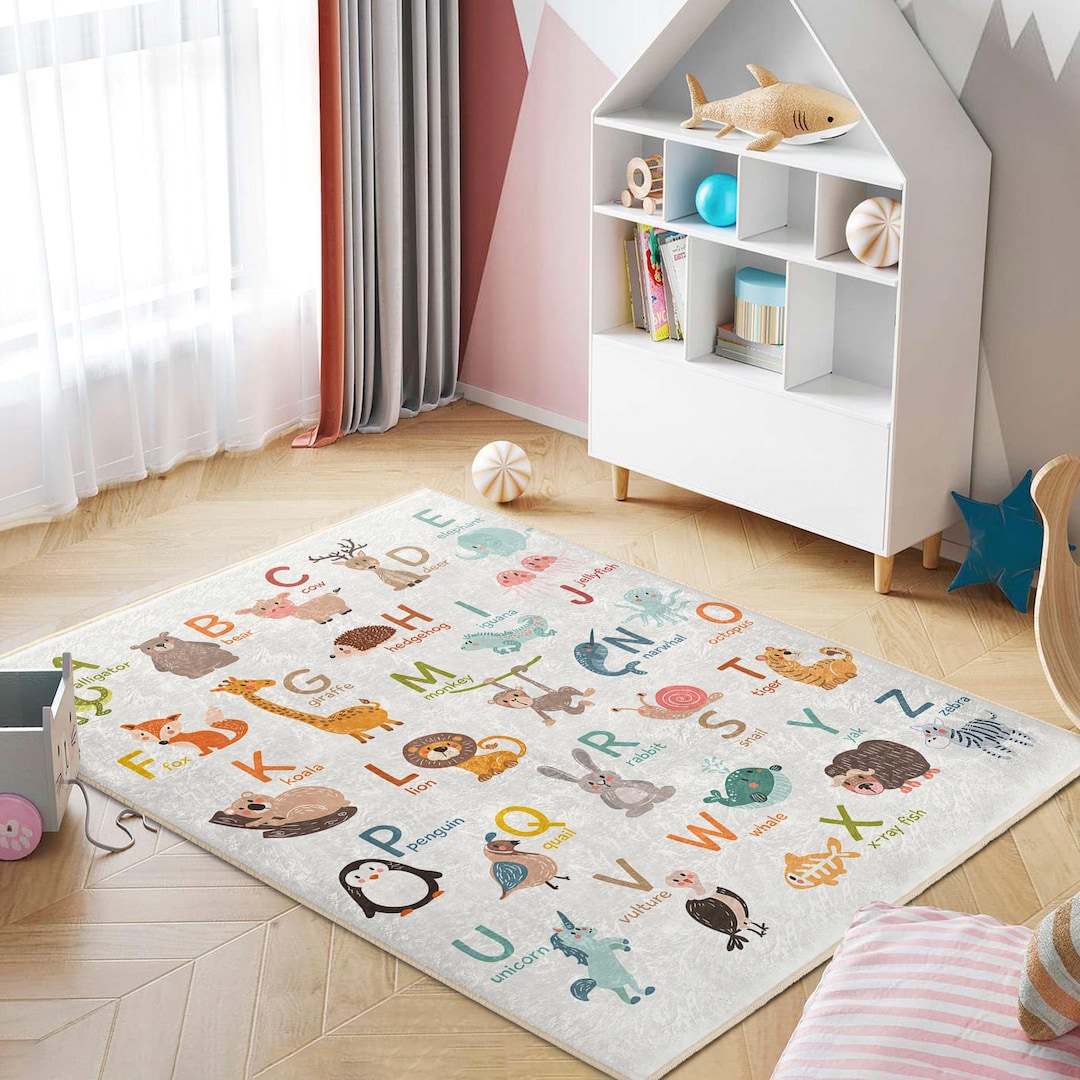 Alphabet Zoo Nursery Carpet-colorful Animal & Letter Rug Pastel-toddler ...