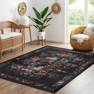 Black Floral Vintage Area Rug - Intricate Floral Pattern Carpet - Rose ...