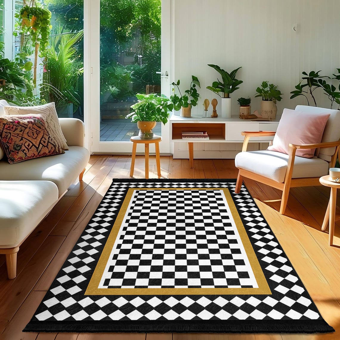 Checkered Gold Frame Area Rug-black White Checker Accent Carpet-bold ...