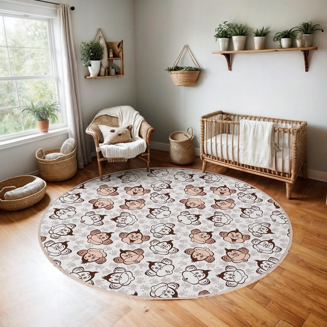 Joyful Monkey Circle Carpet-monkey Faces Everywhere Circle Mat-adorable ...