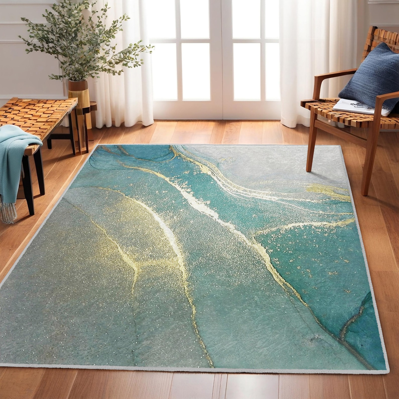 Teal Marble Accent Rug-gold Vein Design Carpet-turquoise Anti Slip Rug ...
