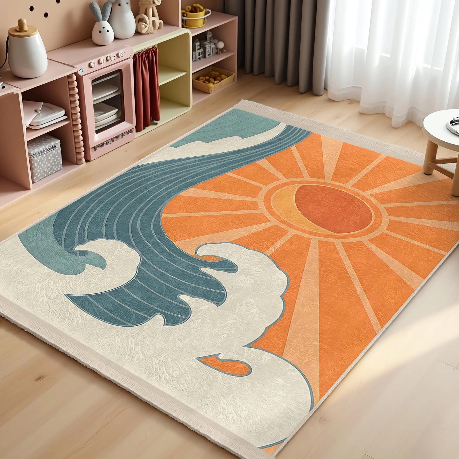 Sunshine Wave Design Kids Room Rug-orange Sunburst Ocean Nursery Carpet ...