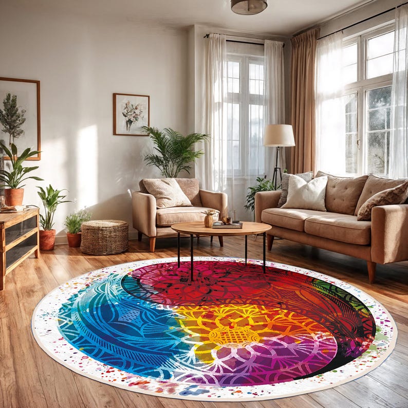 Yin Yang Fusion Round Rug-geometric Colorful Mandala Circle Carpet ...