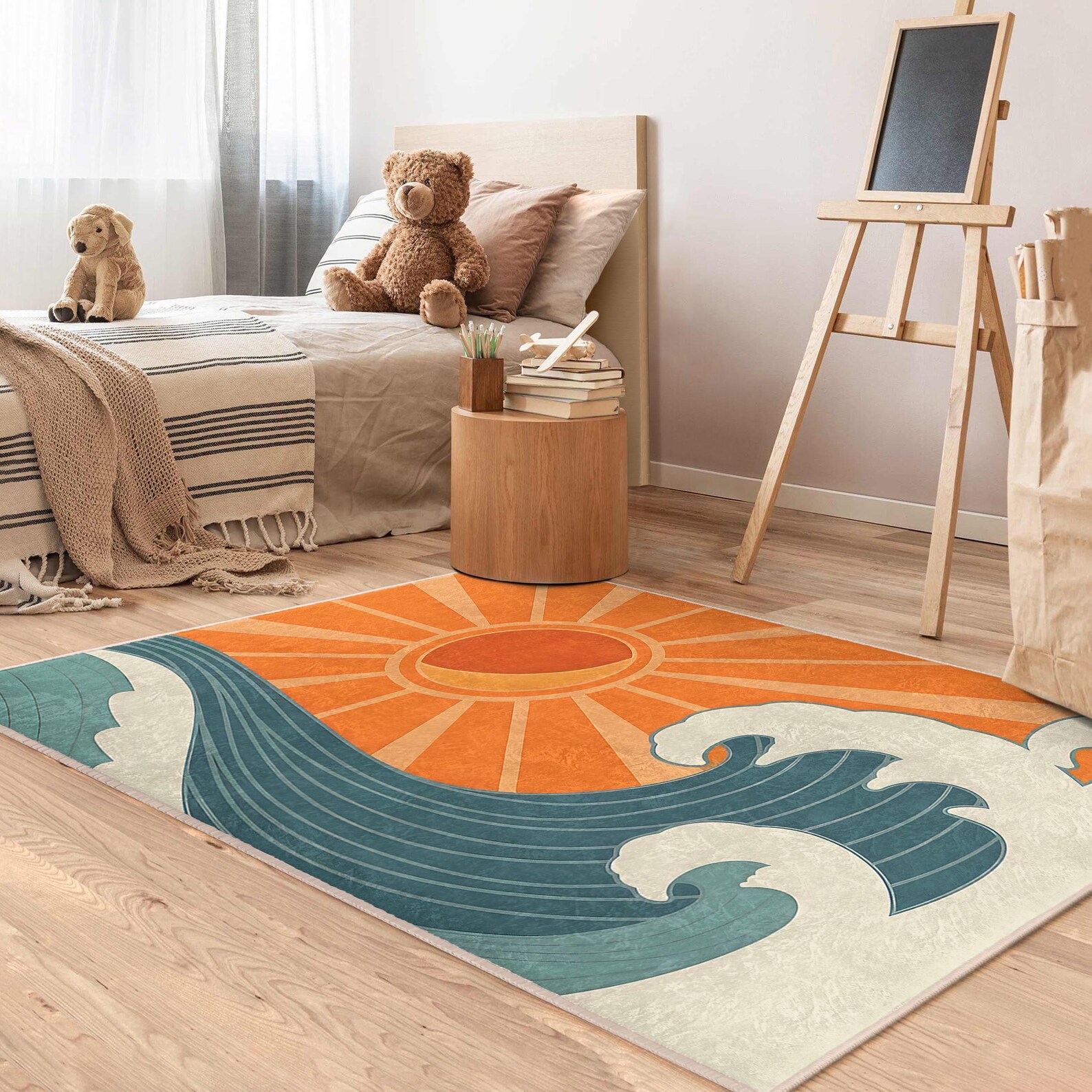 Sunshine Wave Design Kids Room Rug-orange Sunburst Ocean Nursery Carpet ...