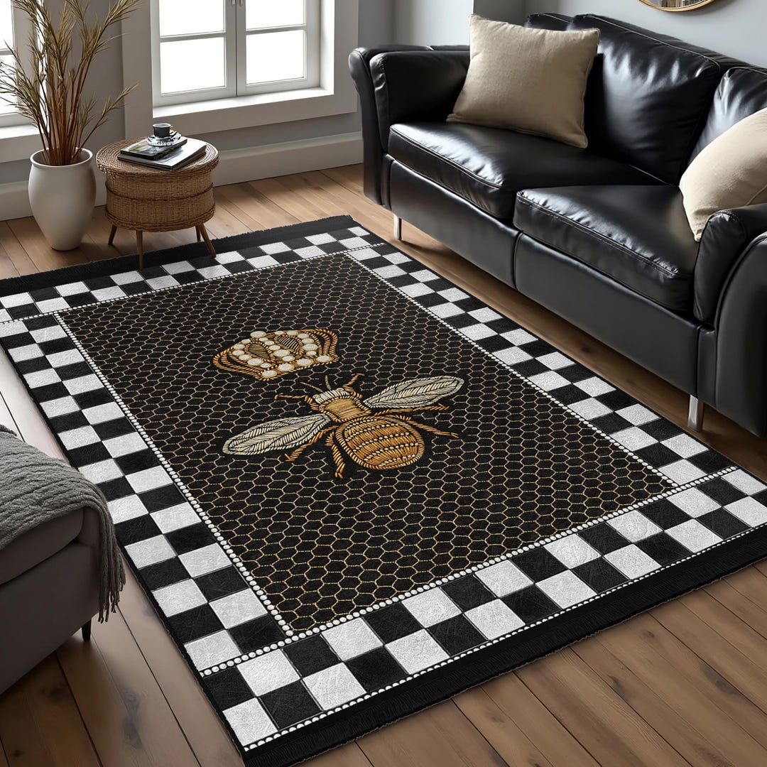 Black Bee Crown Area Rug-honeycomb Checkered Accent Carpet-insect ...