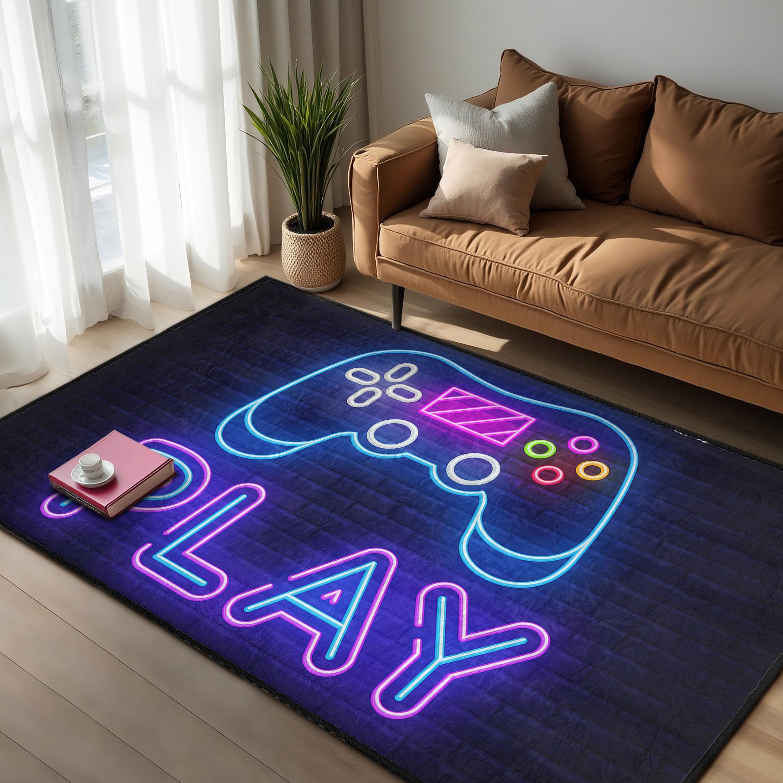 Neon Game Controller Area Rug-colorful Gaming Abstract Mat-digital Glow ...
