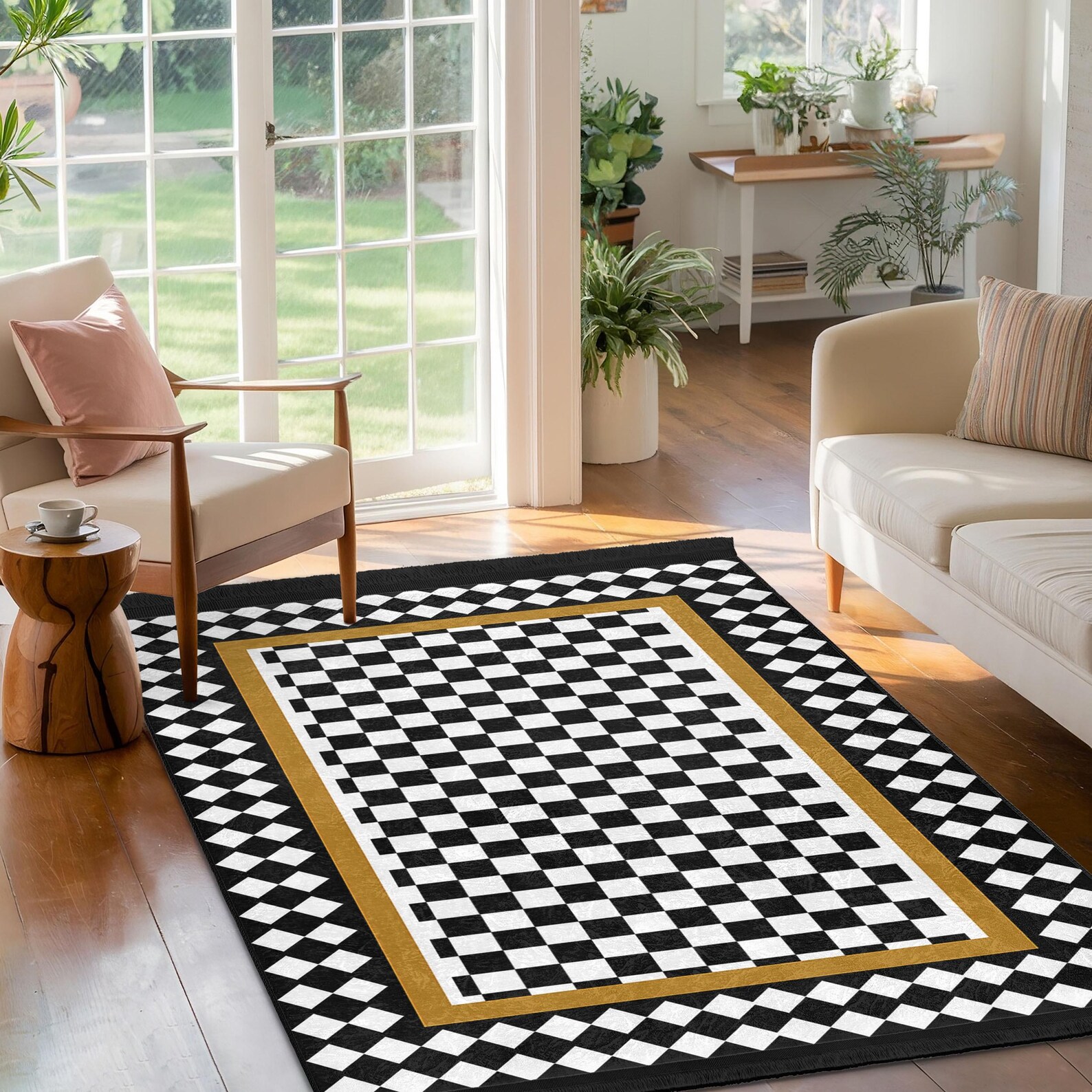 Checkered Gold Frame Area Rug-black White Checker Accent Carpet-bold ...