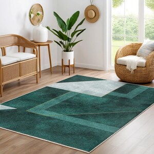 Teal Geometric Accent Rug-green Abstract Mat-stylish Anti-slip Carpet ...