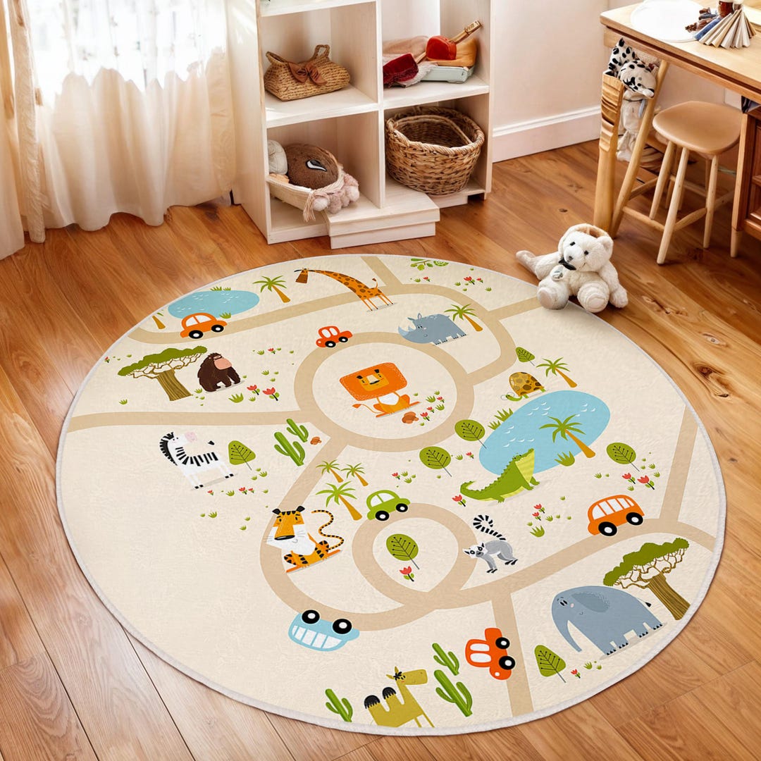 Jungle Safari Circle Carpet-road Map Animal Safari Rug-kids Room Rug ...