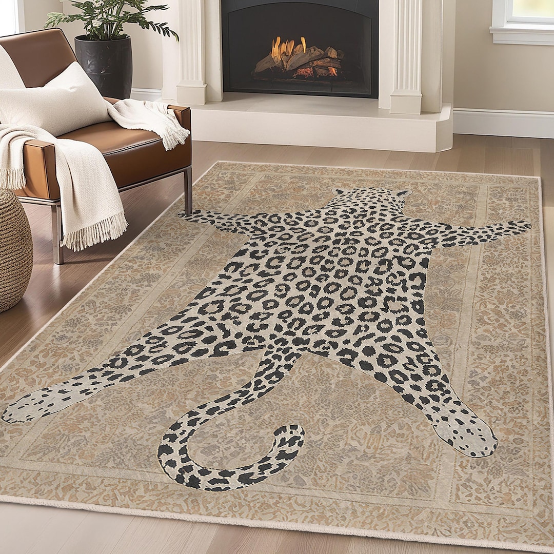 Leopard Print Area Rug-tan Floral Border Carpet-wild Safari Accent ...