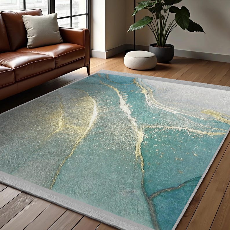 Teal Marble Accent Rug-gold Vein Design Carpet-turquoise Anti Slip Rug ...