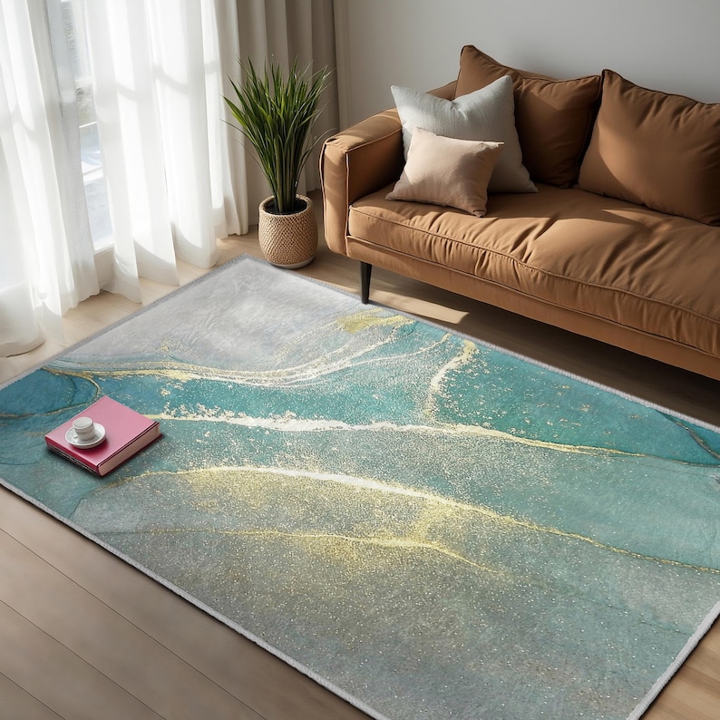 Teal Marble Accent Rug-gold Vein Design Carpet-turquoise Anti Slip Rug ...