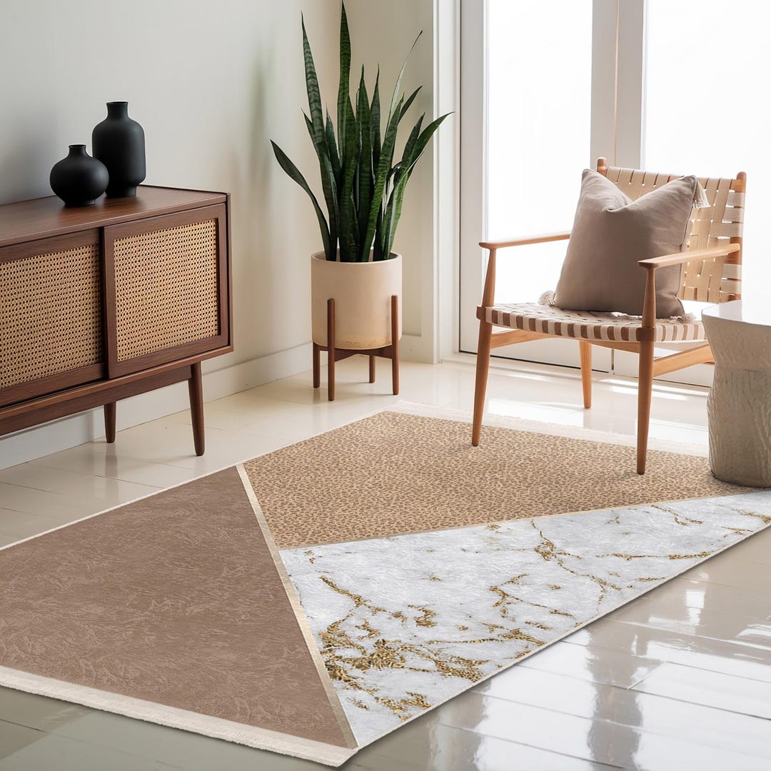 Geometric Triangular Area Rug-tan Marble Leopard Accent Mat-dual Tone ...