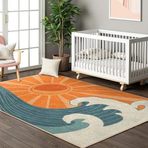 Sunshine Wave Design Kids Room Rug-orange Sunburst Ocean Nursery Carpet ...
