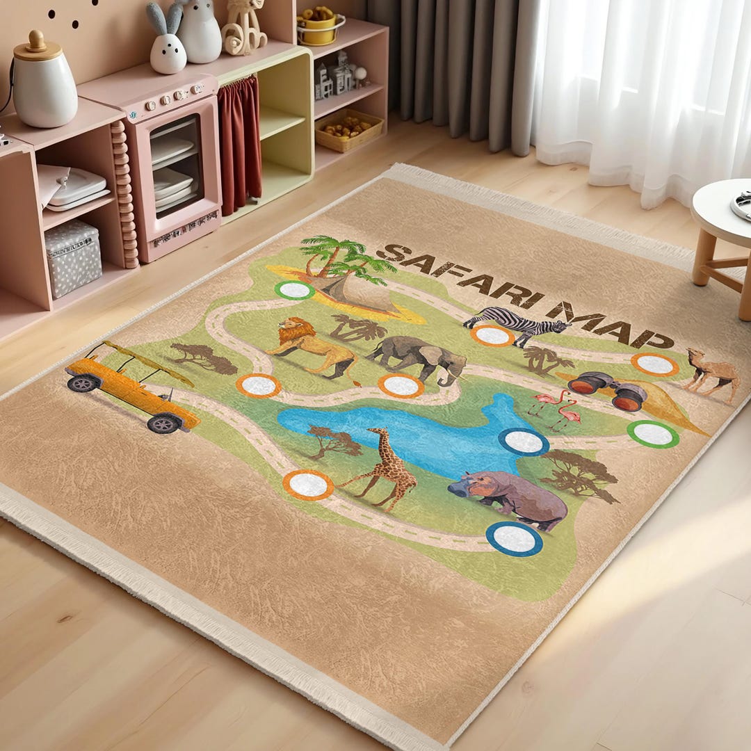 Safari Map Kids Room Rug-jungle Animal Road Nursery Carpet-african ...