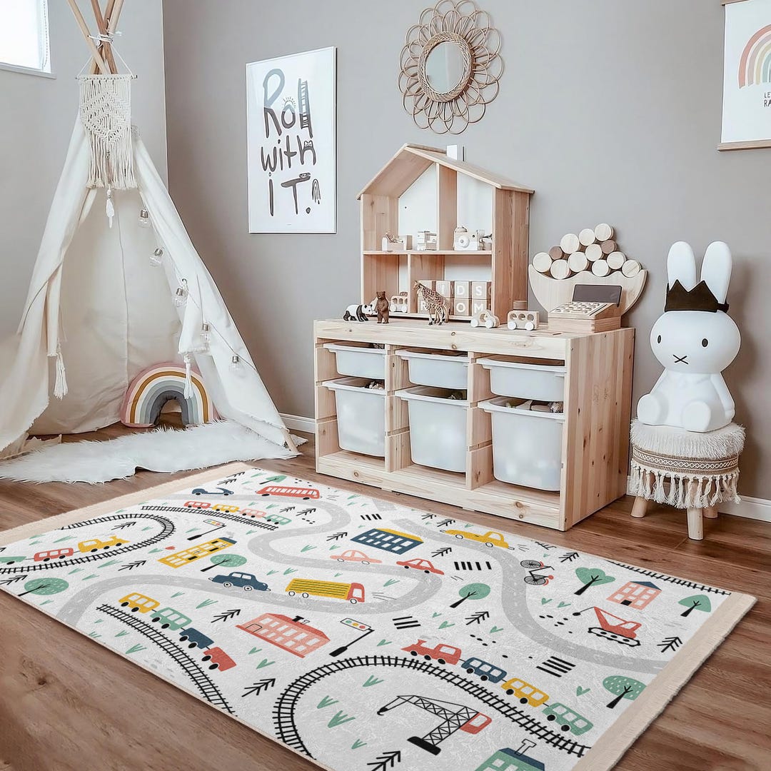 City Roads Adventure Kids Room Rug-traffic Roads Train Track Nursery ...