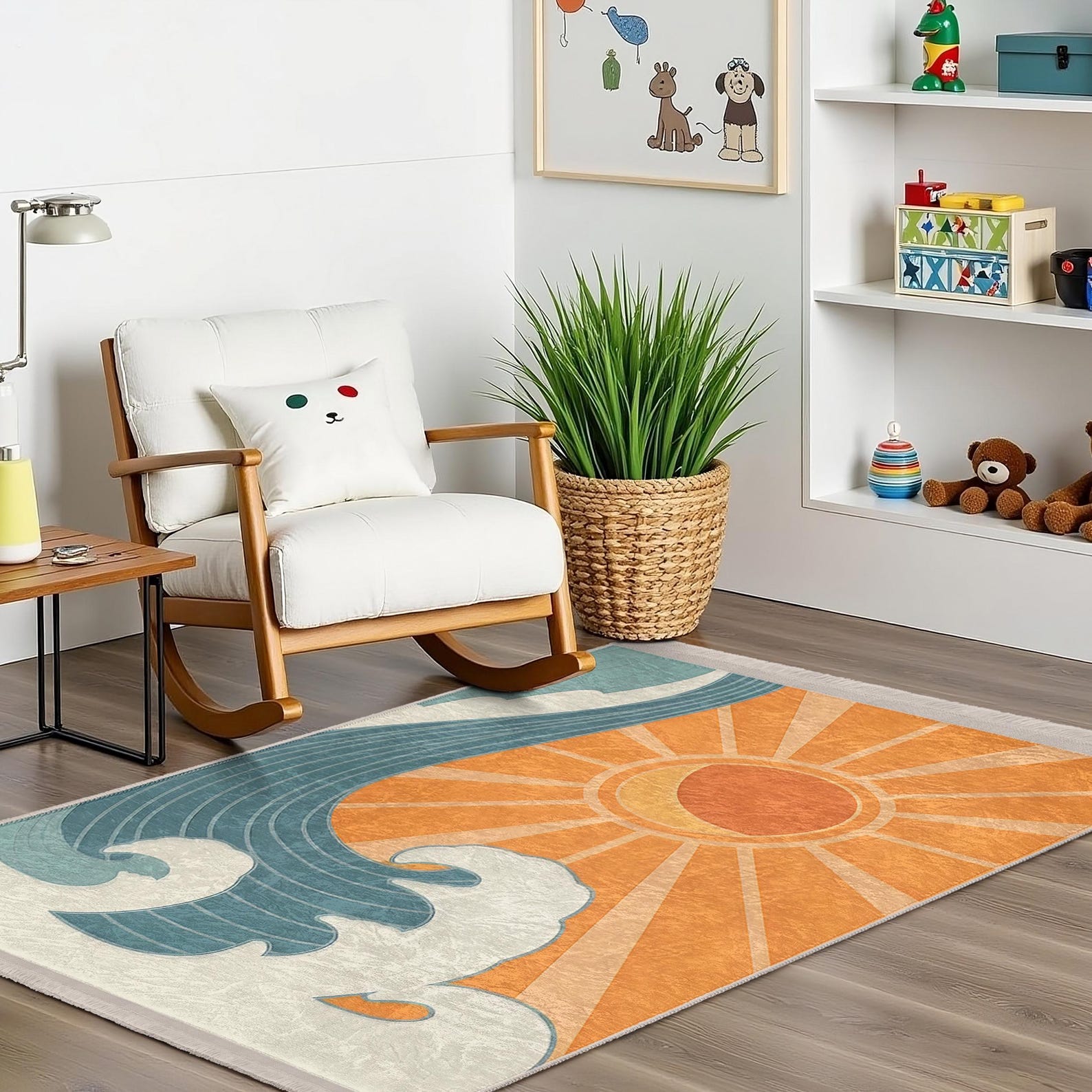Sunshine Wave Design Kids Room Rug-orange Sunburst Ocean Nursery Carpet ...