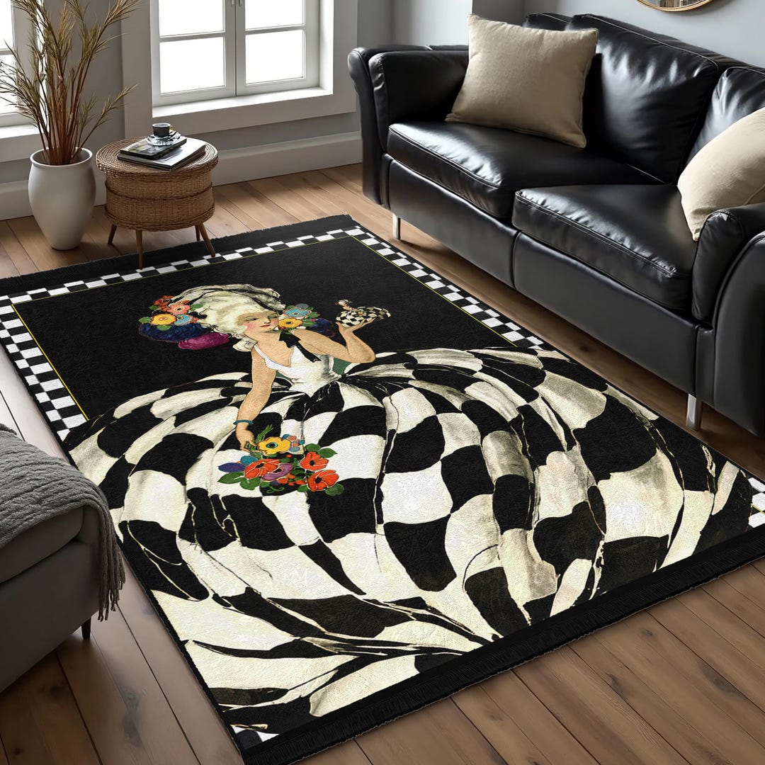 Baroque Lady Design Area Rug-black Checker Flower Mat-vintage Gown ...