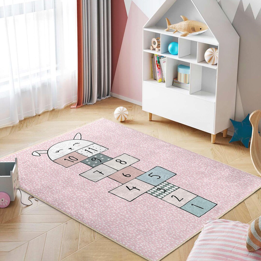 Pink Hopscotch Play Kids Room Rug-fun Numbered Squares Nursery Carpet ...