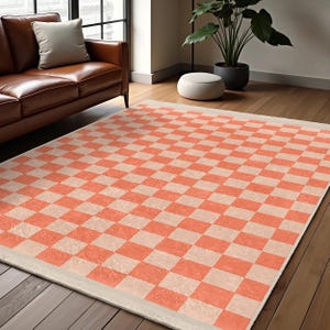 Orange Checkered Area Rug-beige Square Design Mat-orange Non Slip ...