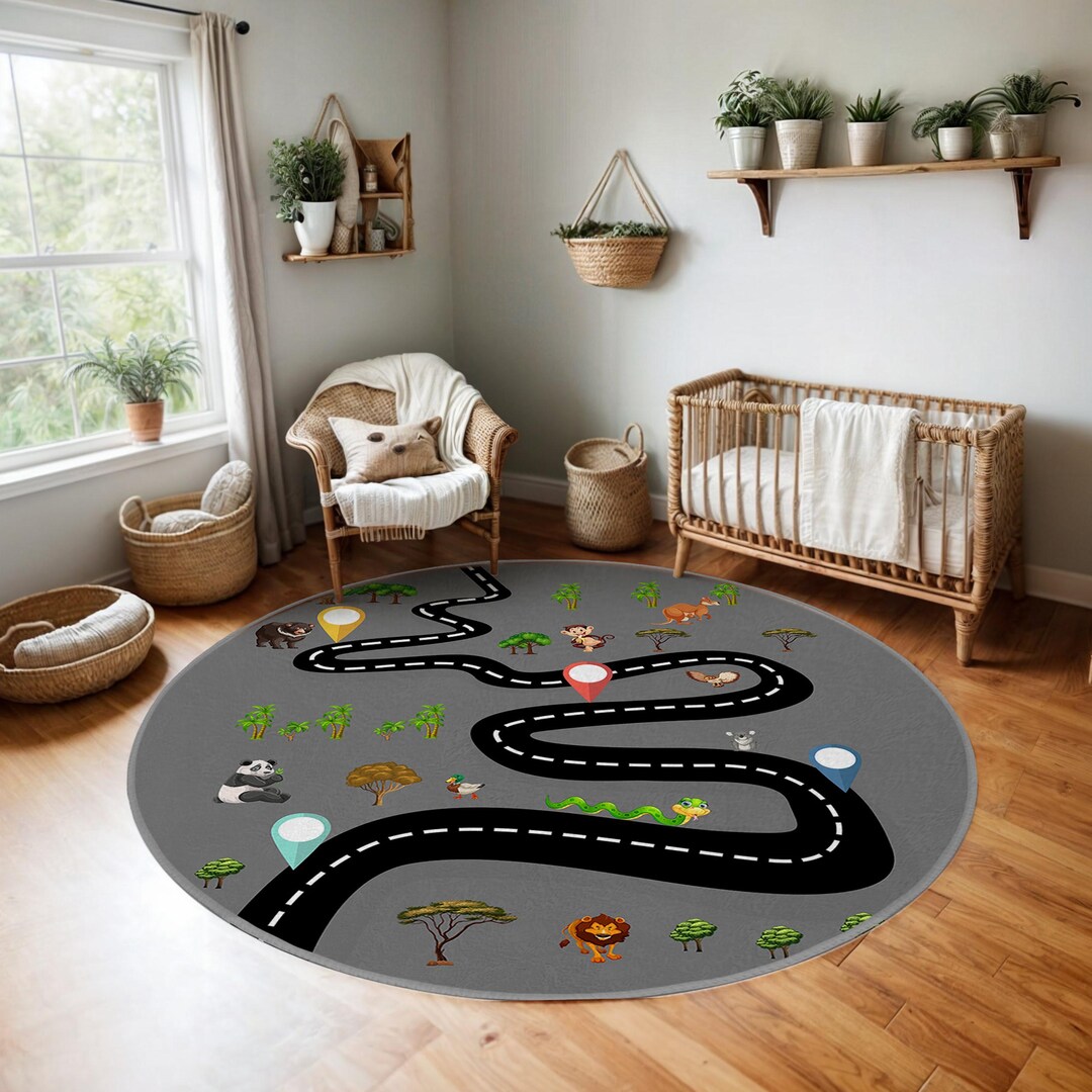 Colorful Road Map Adventure Kids Room Round Rug-animal Jungle Scene ...
