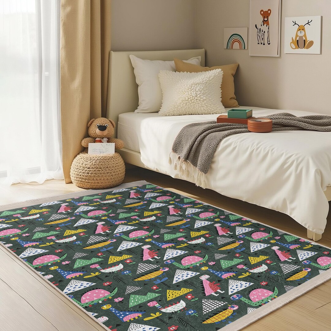 Fantasy Dino Adventure Kids Room Rug-vibrant Dinosaur Shapes Nursery ...