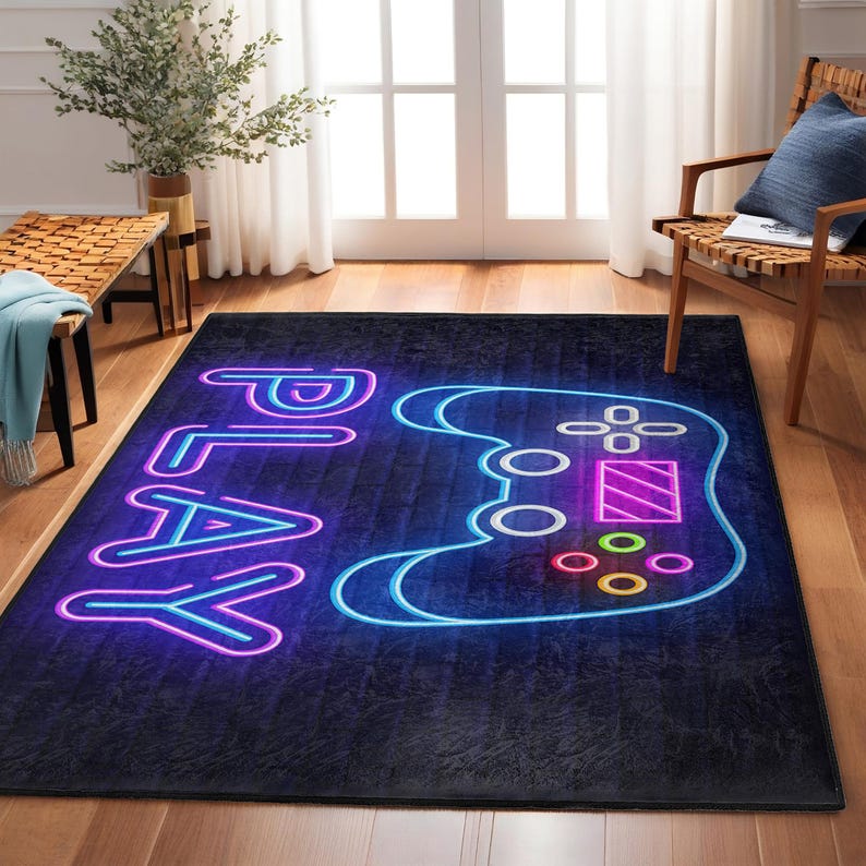 Neon Game Controller Area Rug-colorful Gaming Abstract Mat-digital Glow ...