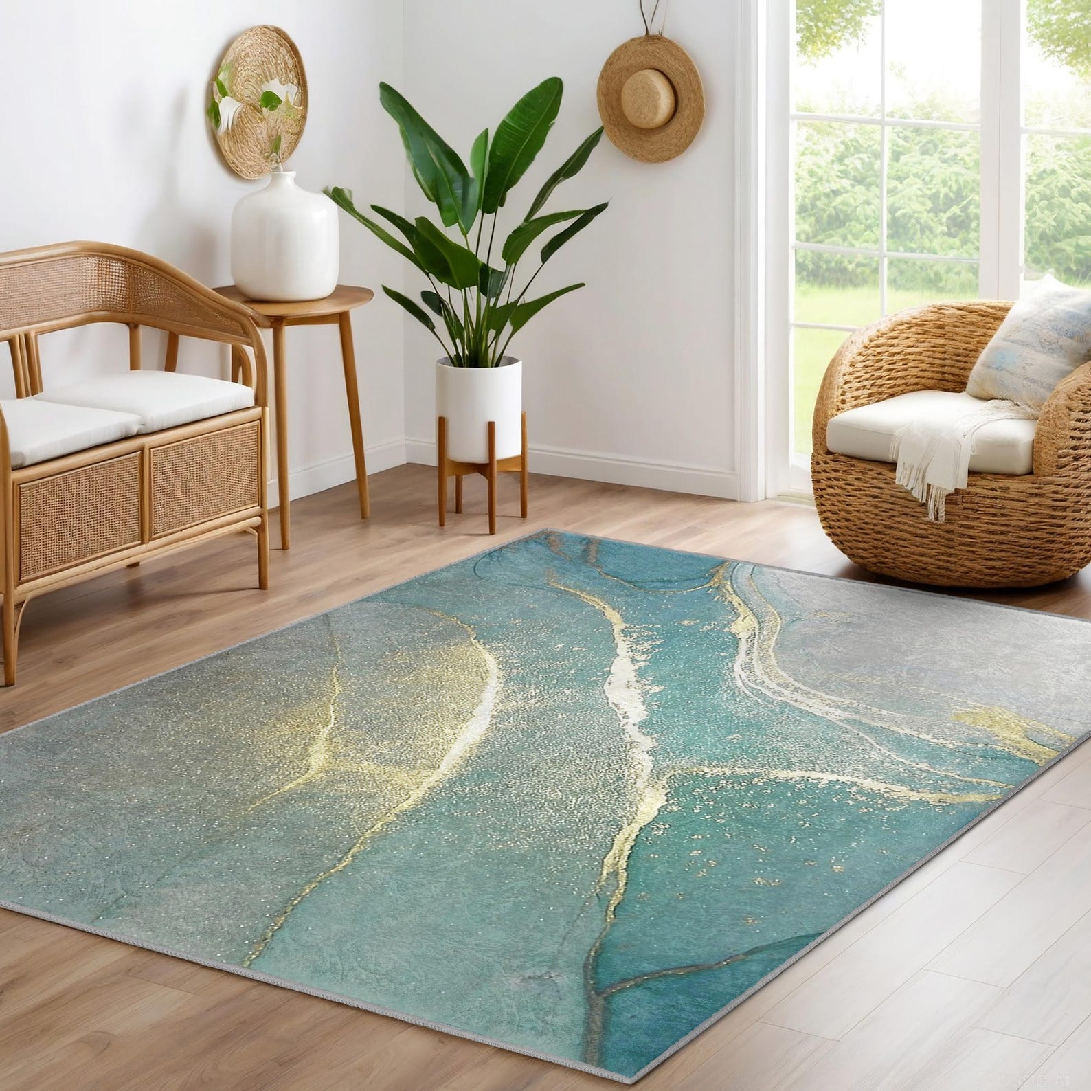 Teal Marble Accent Rug-gold Vein Design Carpet-turquoise Anti Slip Rug ...