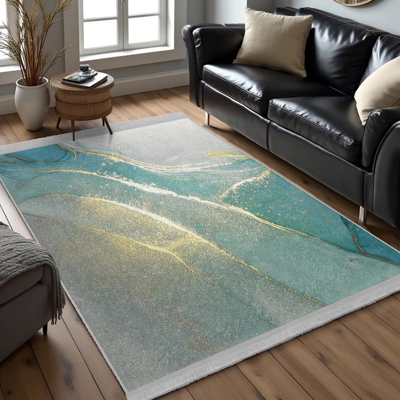 Teal Marble Accent Rug-gold Vein Design Carpet-turquoise Anti Slip Rug ...