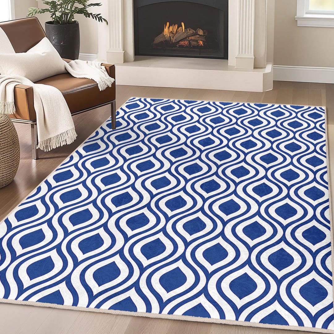 Blue Wave Design Area Rug-trendy Teardrop Geometric Mat-elegant Living ...