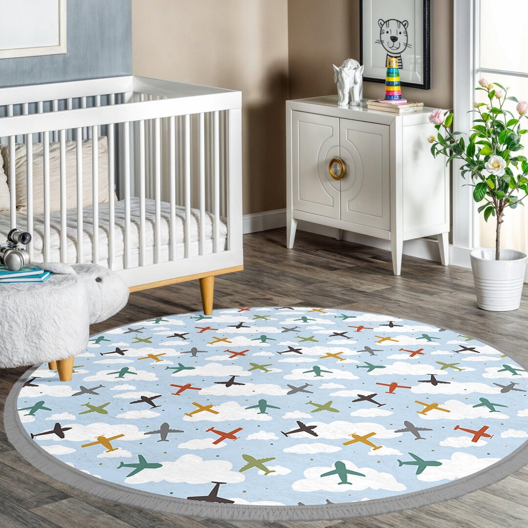 Airplane Sky Kids Room Round Rug-cloud Plane Circle Carpet-blue Aviator ...