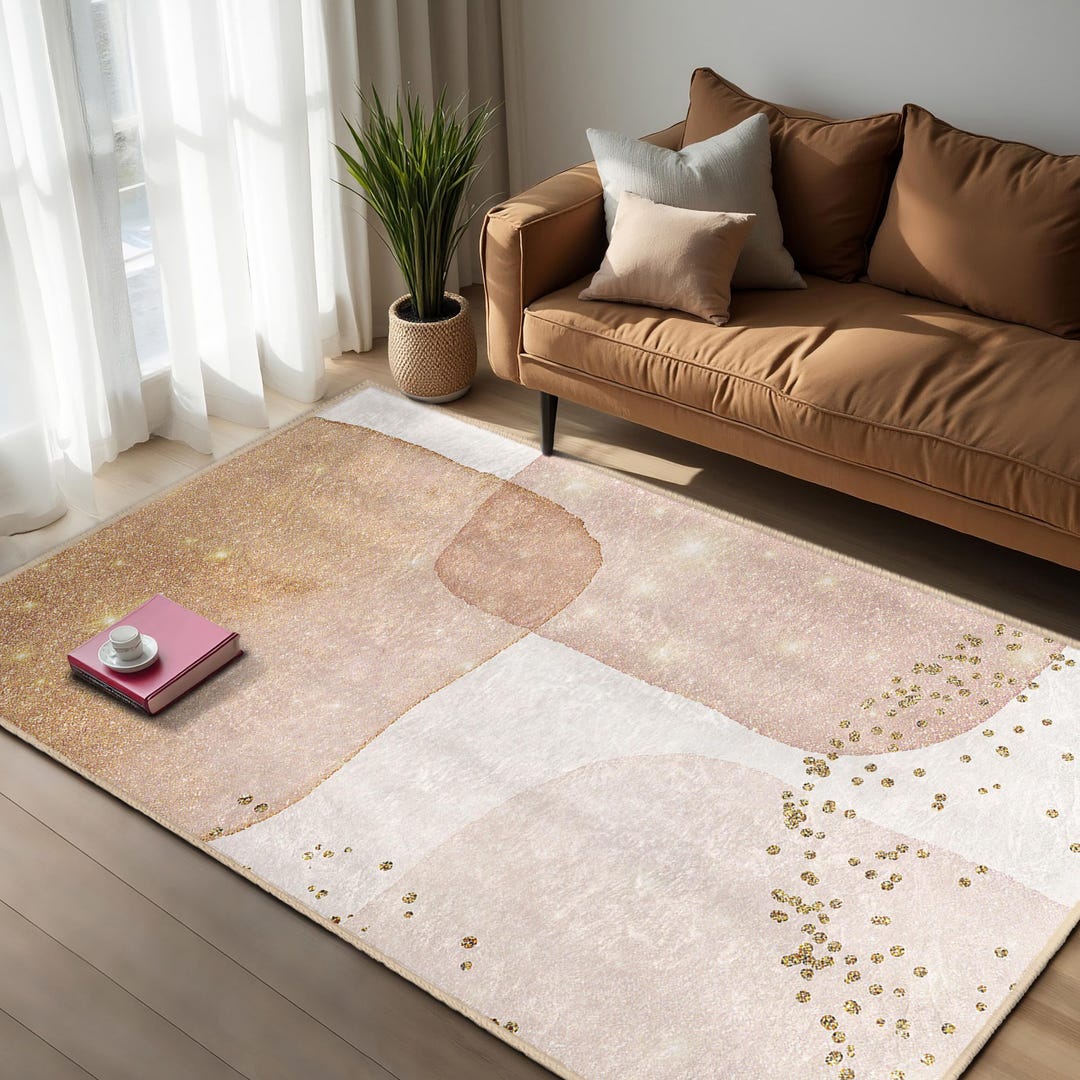 Beige Abstract Area Rug-golden Glitter Accent Carpet-geometric Soft ...