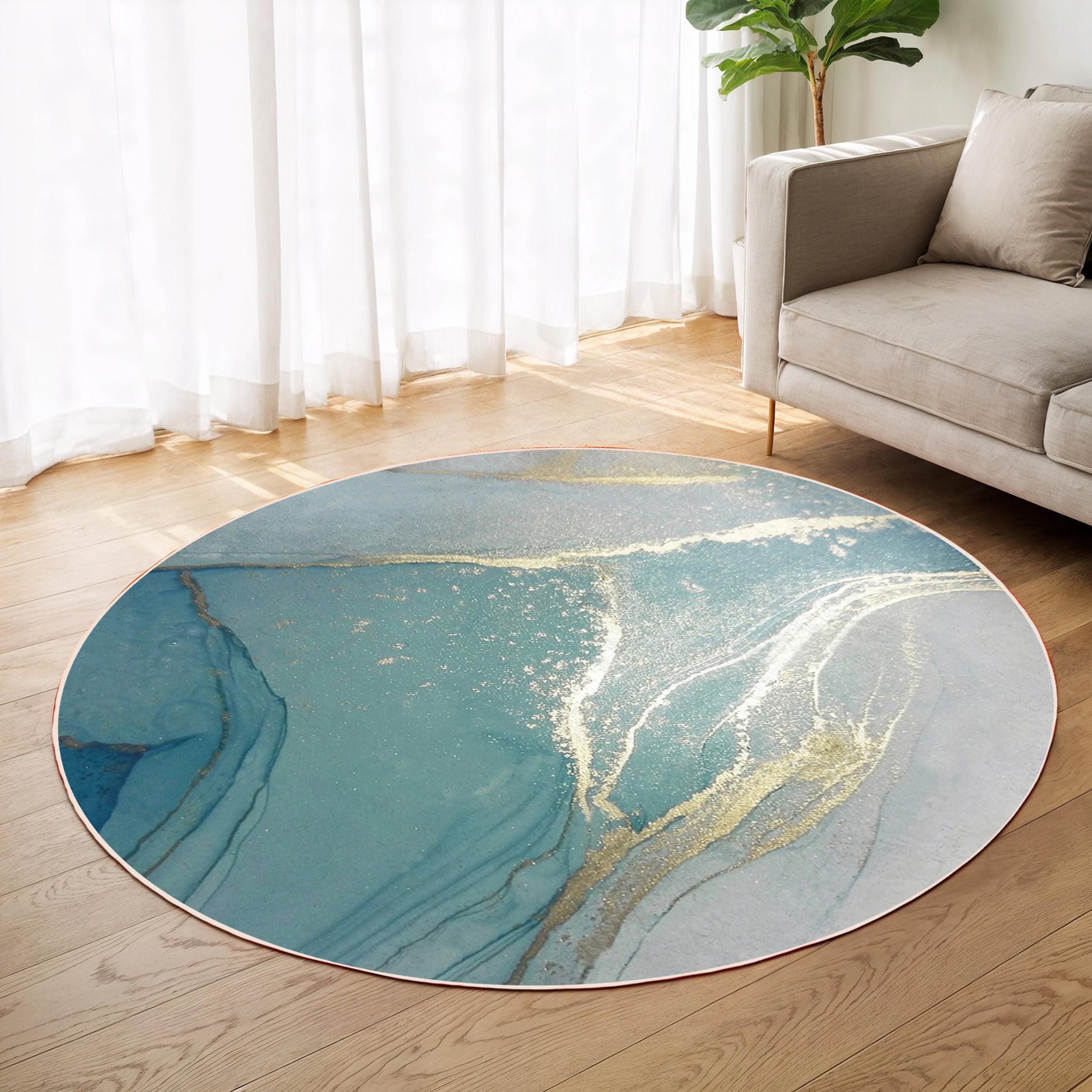 Turquoise Abstract Waves Circle Carpet-golden Marble Pattern Circle Mat ...