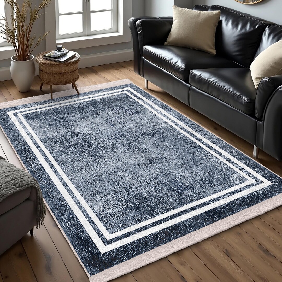 Navy Blue Textured Area Rug-white Line Border Rug-non Slip Living ...