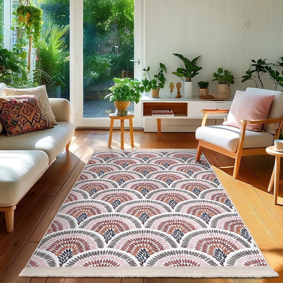Fan Motif Area Rug-vintage Scallop Accent Carpet-colorful Living Mat ...