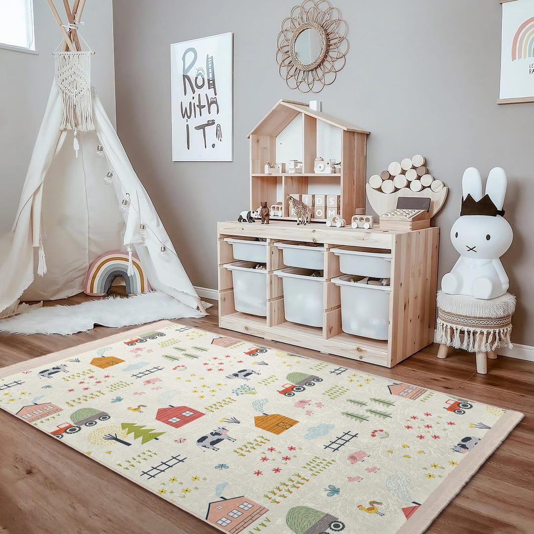 Farmhouse Theme Nursery Carpet-tractor House Tree Kids Room Rug-cow ...