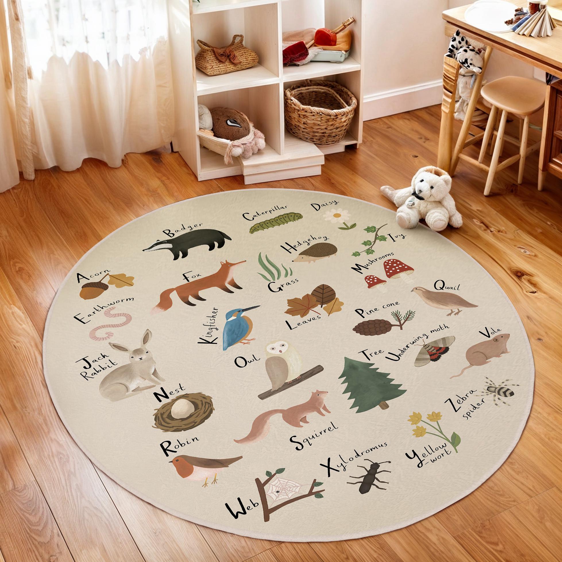 Round Alphabet Kids Room Rug-animal Learning Nursery Rug-nature ...