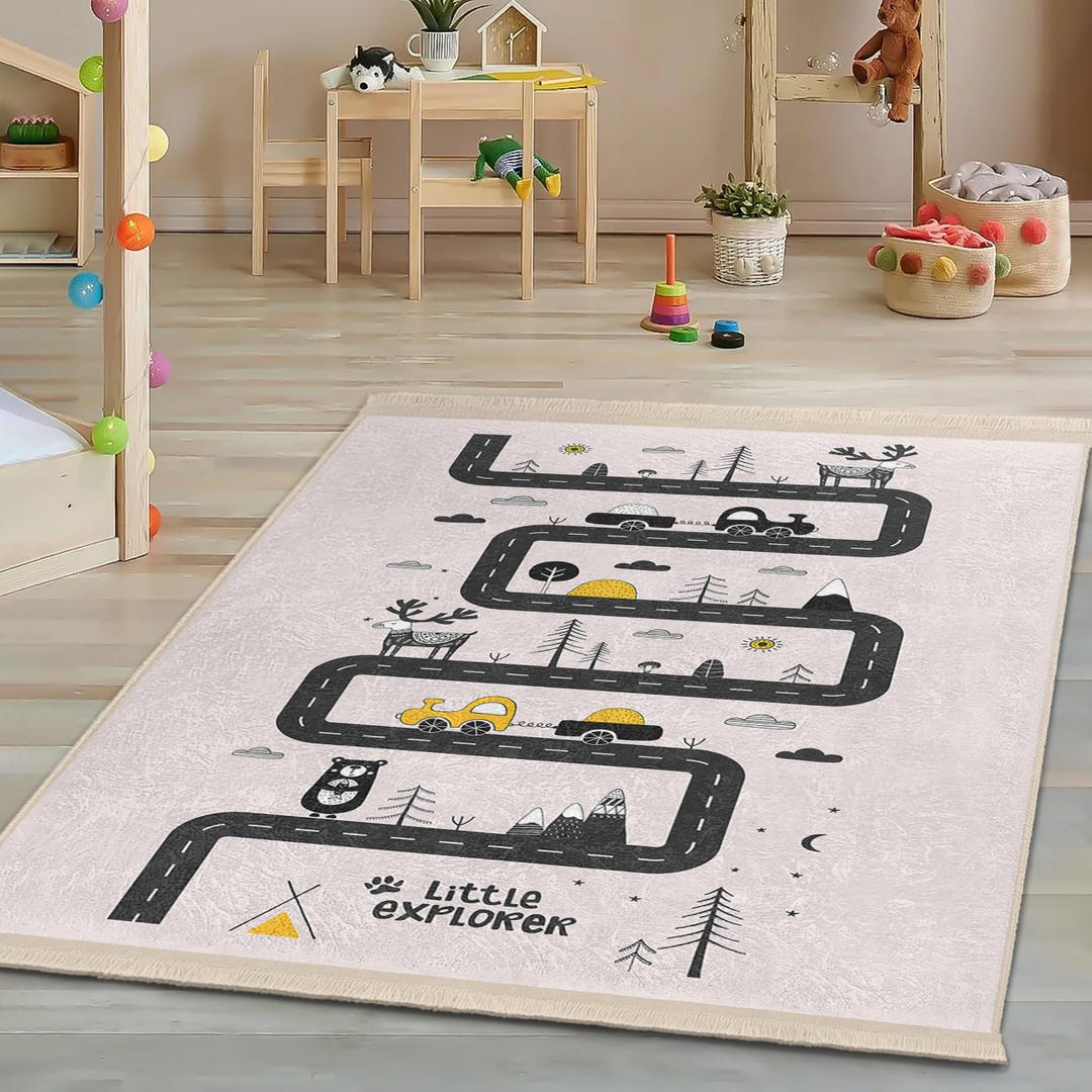 Adventure Road Map Kids Room Rug-cartoon Traffic Pathway Nursery Carpet ...