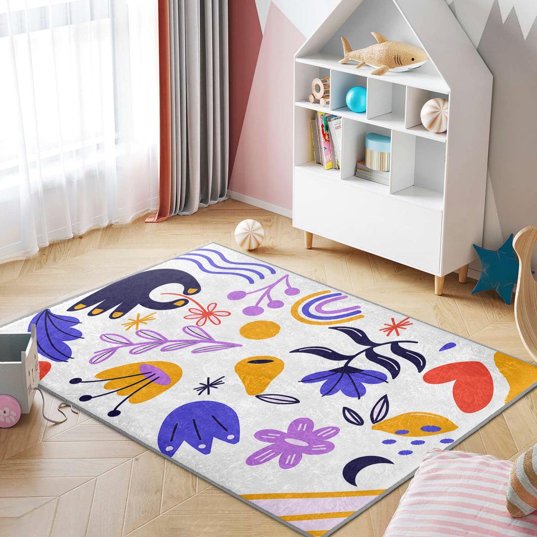 Colorful Abstract Shapes Kids Room Rug-bold Botanical Elements Nursery ...