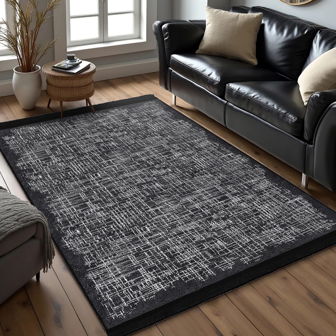 Black Textured Accent Rug-modern Crisscross Area Rug-dark Anti Slip ...