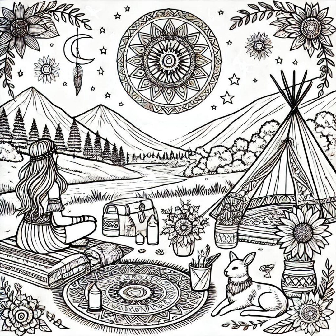 Boho Camping Coloring Pages - Etsy